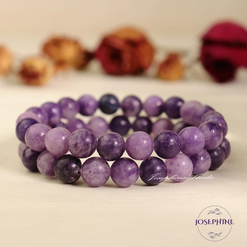 Natural Purple Gemstone Beaded Bracelet, Lepidolite 8mm Beads Bracelet ...