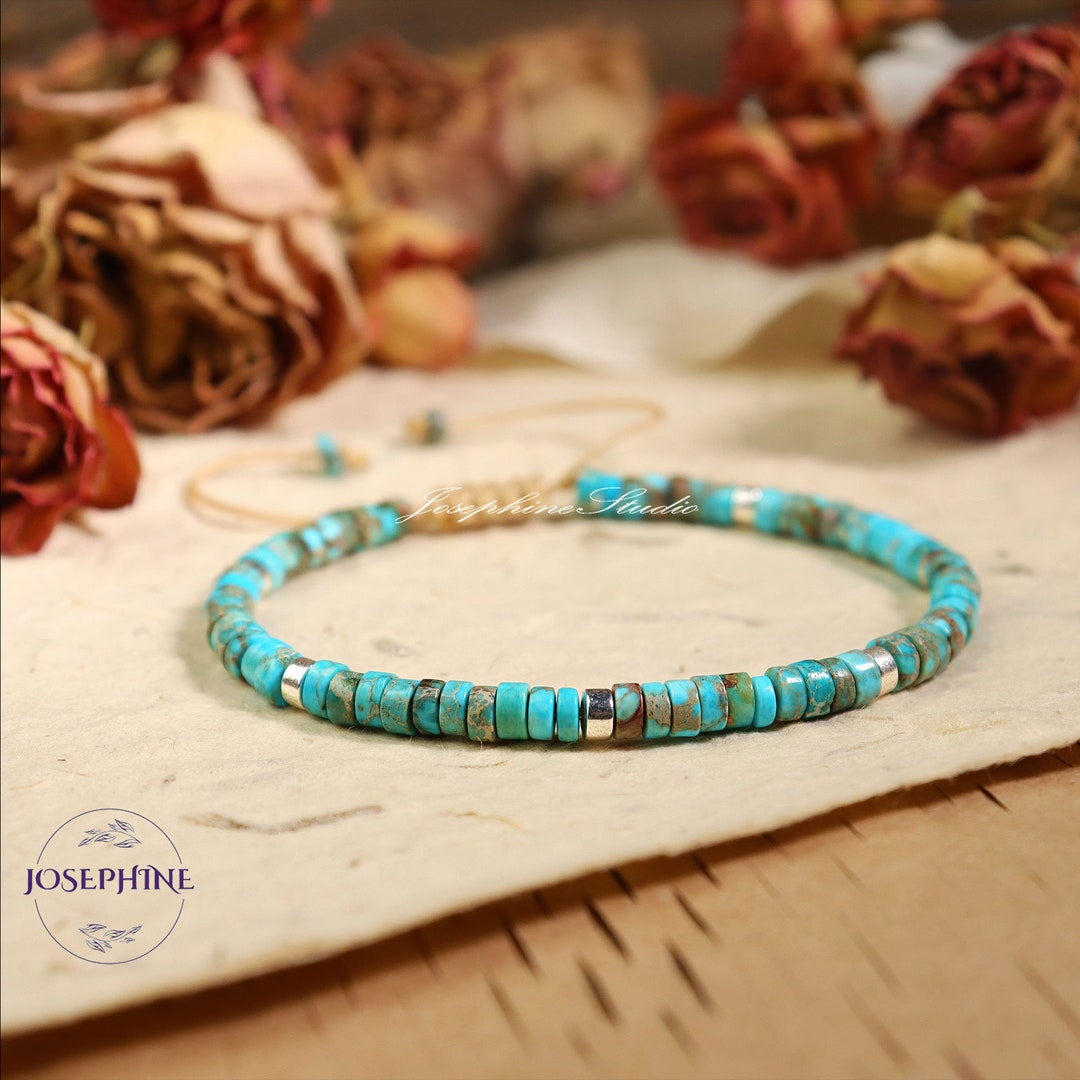 Natural Turquoise Tube Bead Handmade Bracelet, Dainty Minimalist Boho ...