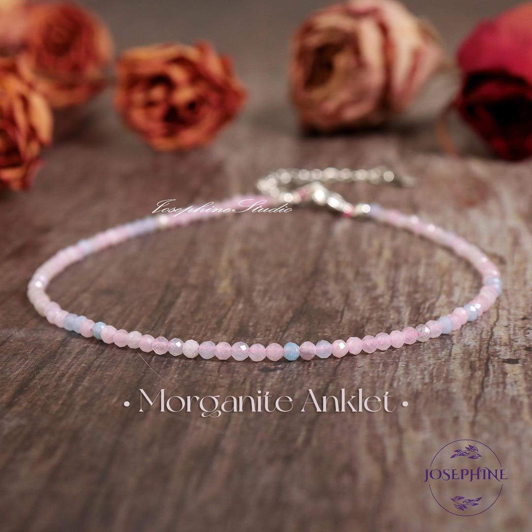 Morganite Anklet, 2mm Small Tiny Pink Blue Crystal Beads Anklet ...