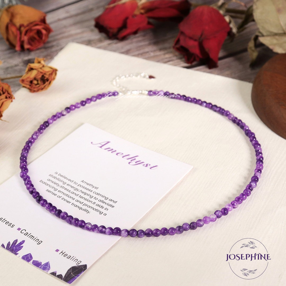 Natural Amethyst 3mm Round Gemstone Beaded Choker, Dainty Gemstone Necklace, Waterproof Crystal ...