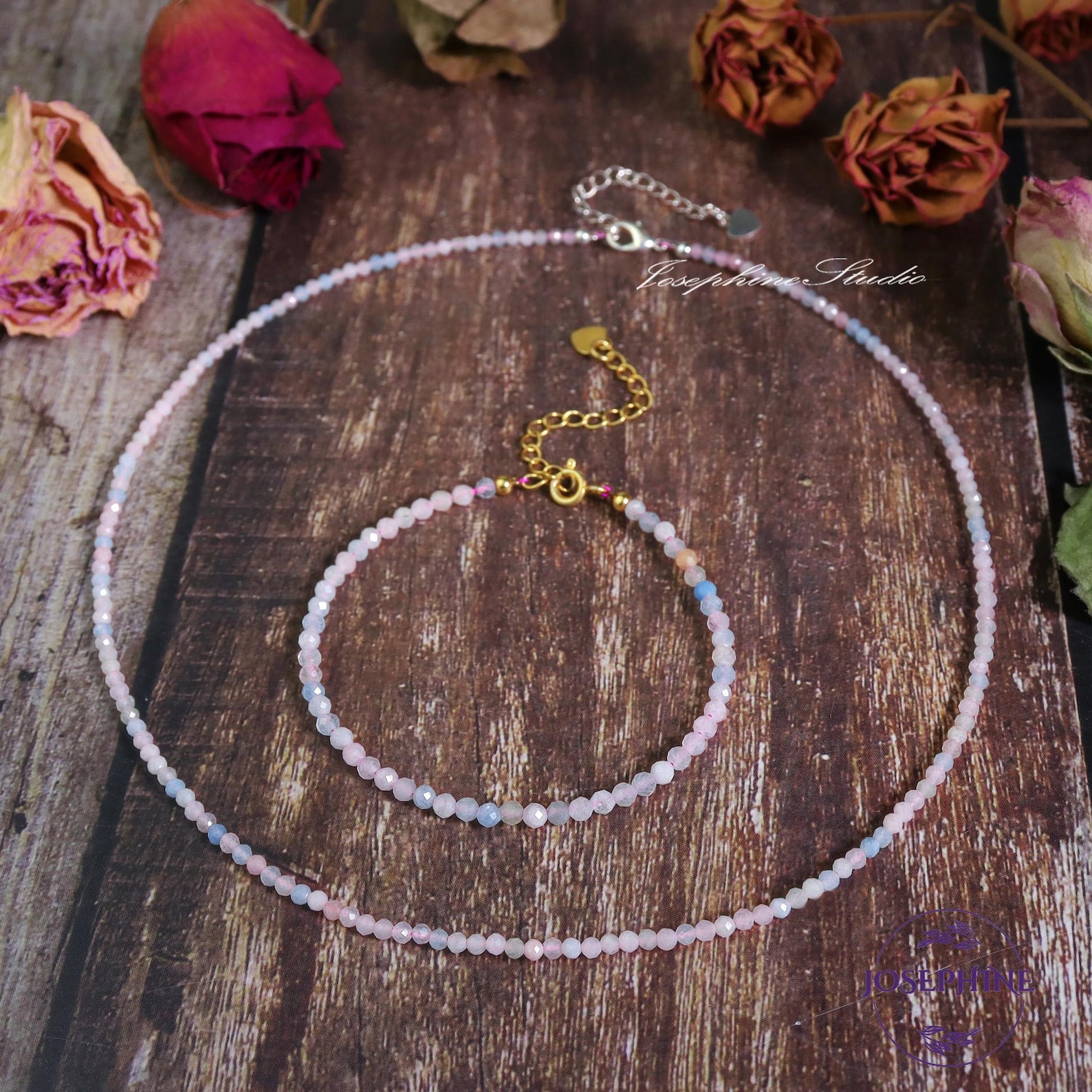 Morganite Bracelet Necklace Set, Tiny Subtle Beads Dainty Delicate ...