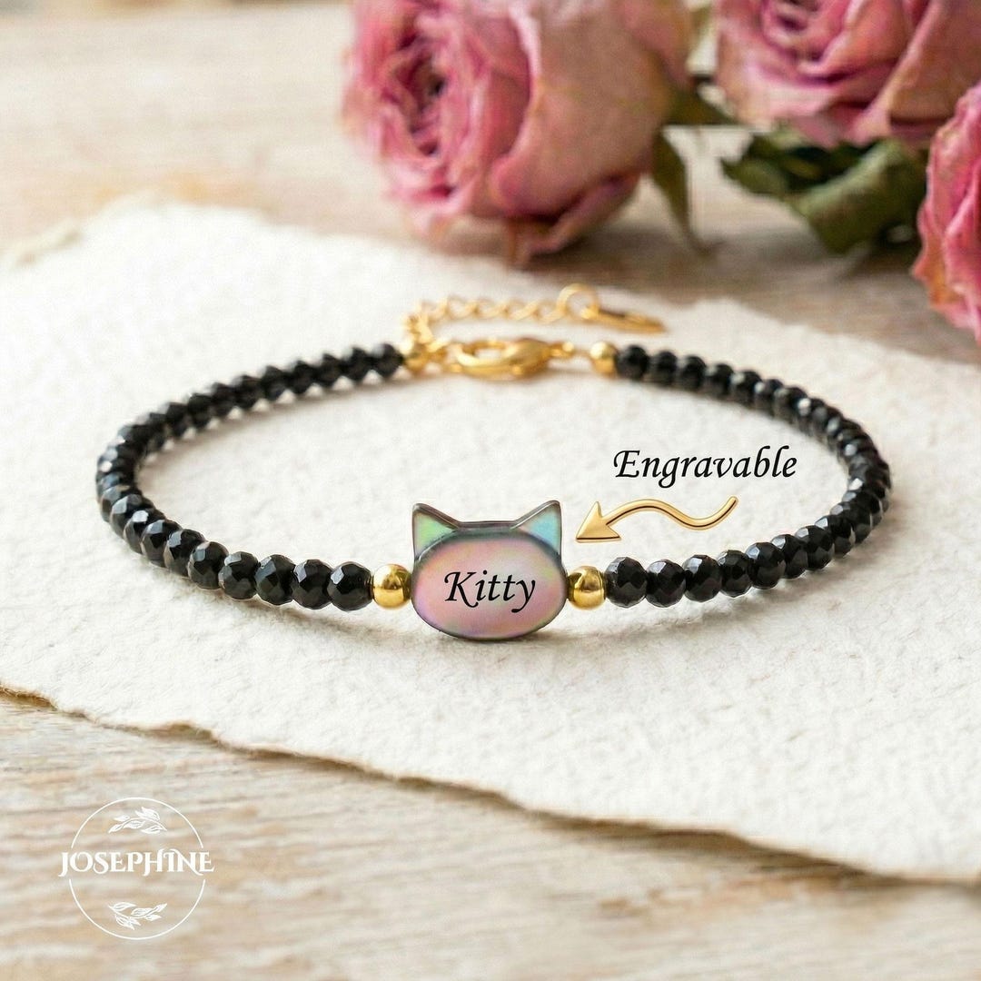 Iridescent Shell Cat Kitty Charm Obsidian Bracelet, Cat Name Engraving ...