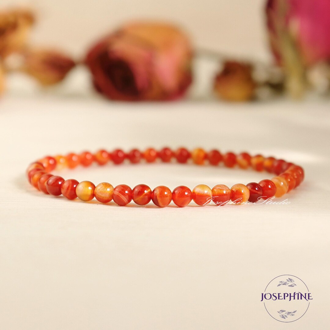 Natural Carnelian Beaded Stretch Bracelet, 4mm Round Red Agate Jewelry ...