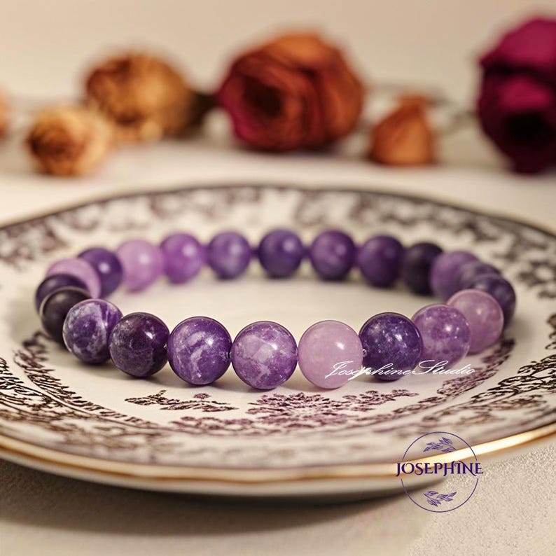 Natural Purple Gemstone Beaded Bracelet, Lepidolite 8mm Beads Bracelet ...