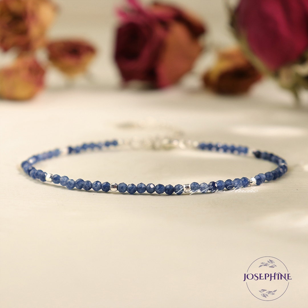 Dainty Natural Sapphire Bracelet, Tiny 2mm Deep Blue-black Sapphire ...