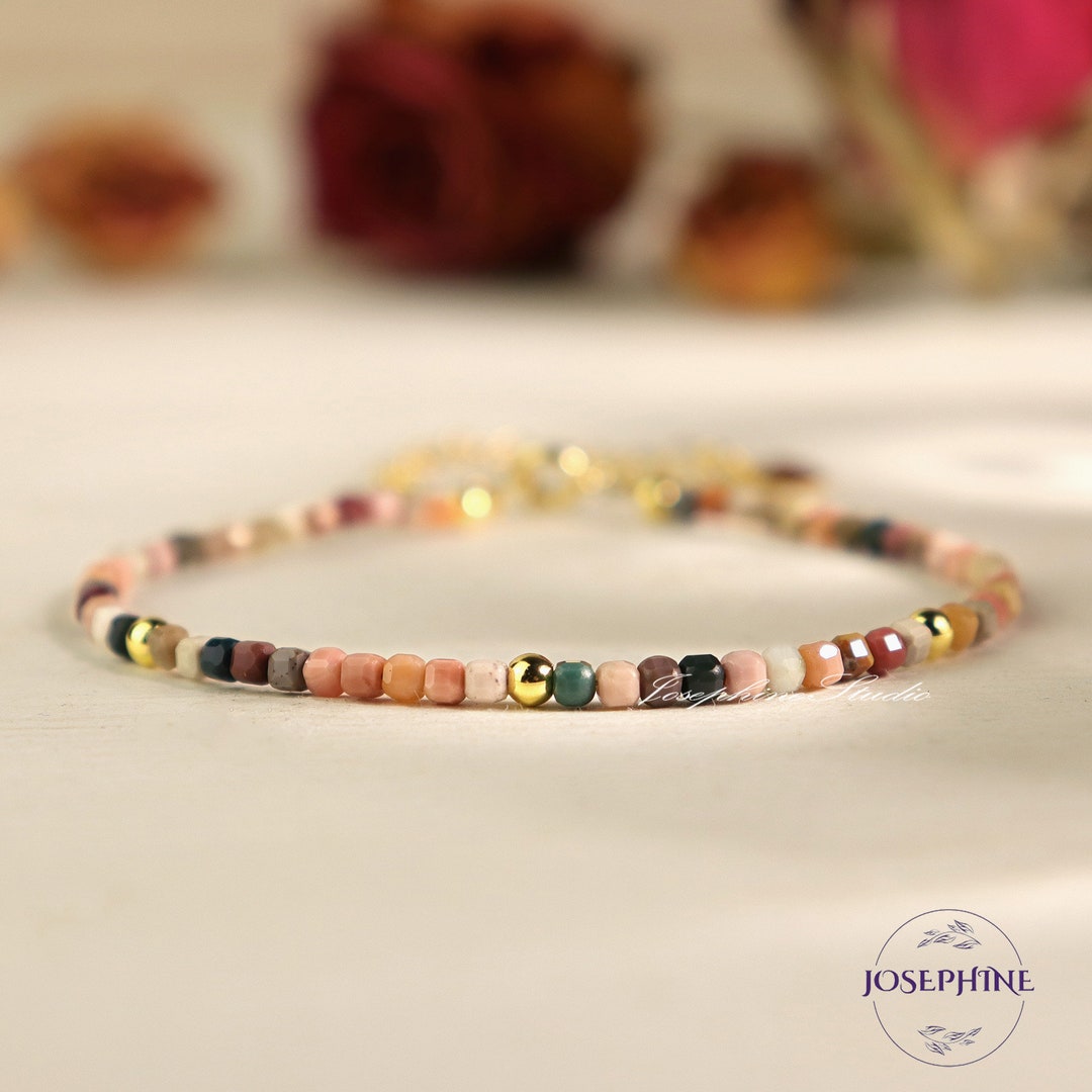 Alashan Agate Tiny Gemstone Square Beads Bracelet in Sterling Silver ...