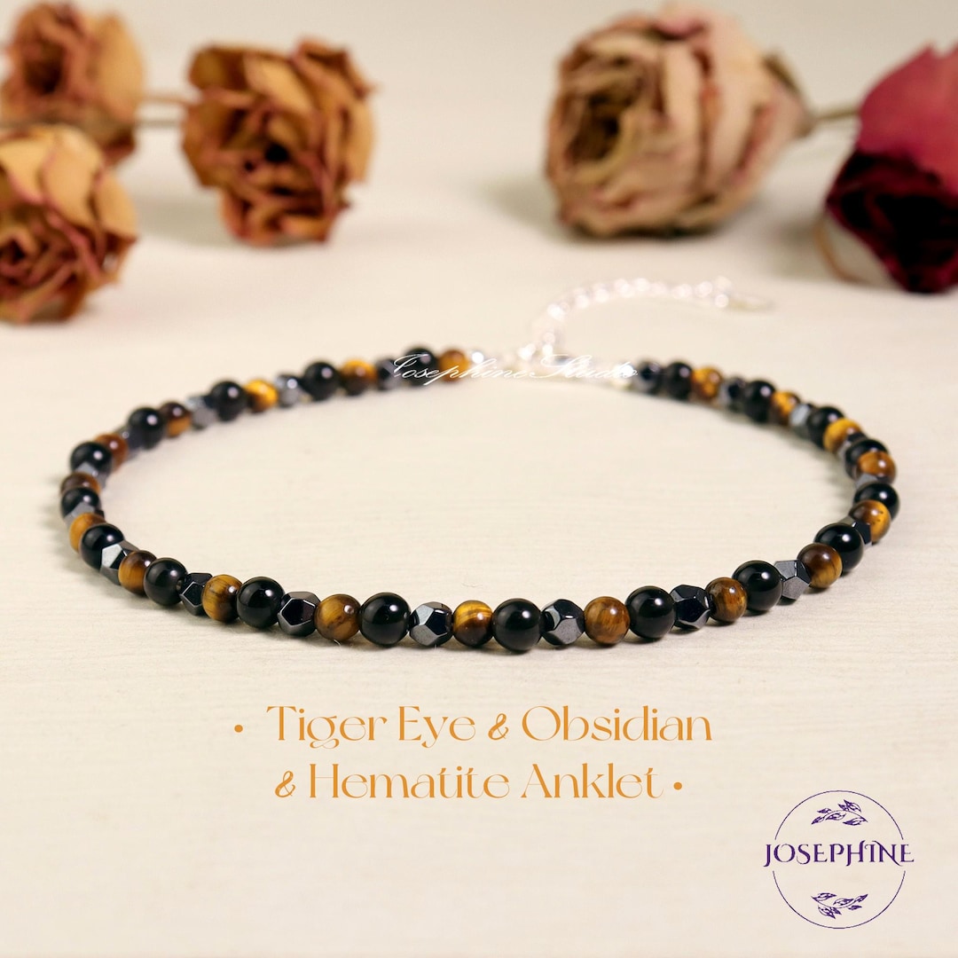 Triple Protection Anklet, 4mm Beads Tiger Eye Hematite & Obsidian ...