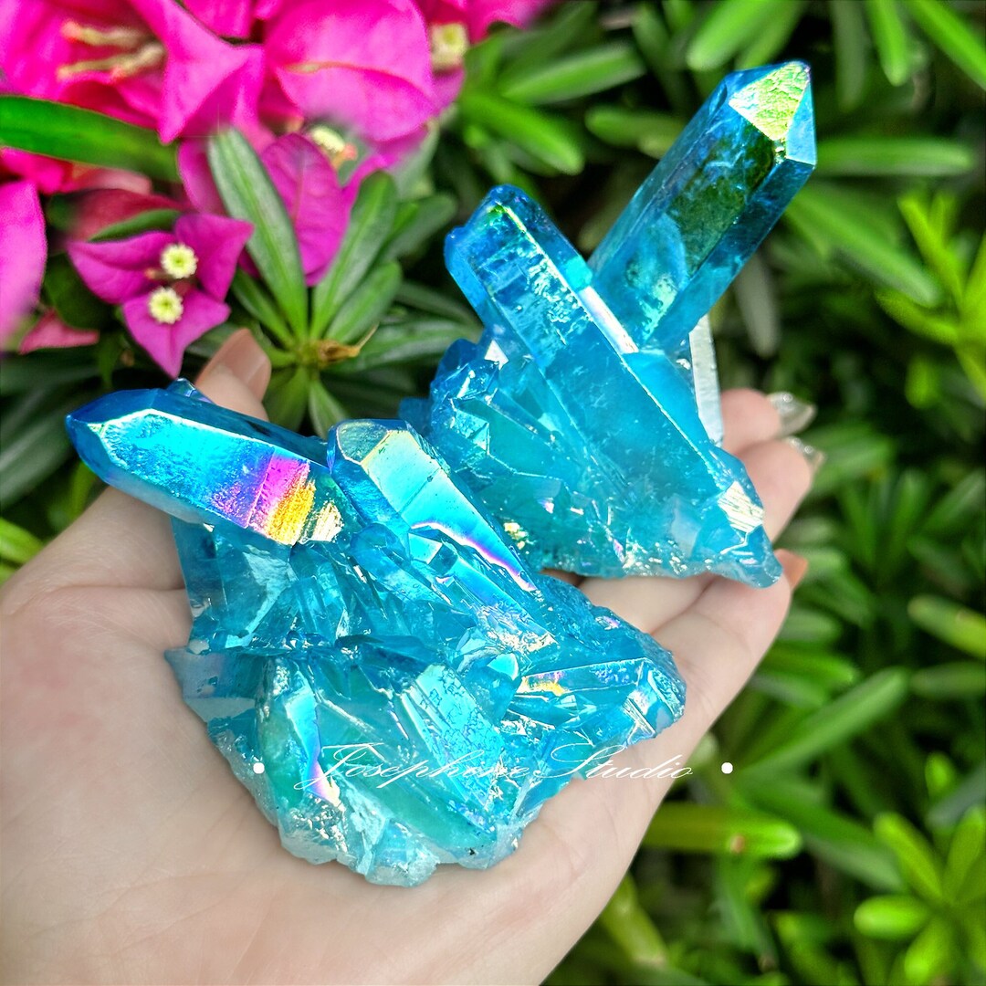 Titanium Aura Blue Crystal Rainbow Quartz Cluster, Natural Geode Rocks ...