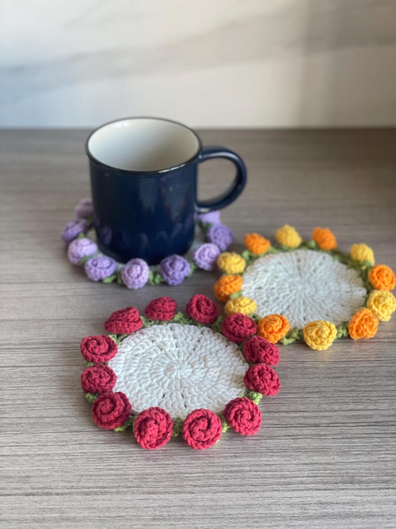 Crochet Flower Coaster, Handmade Crochet Rose Coaster With Basket ...