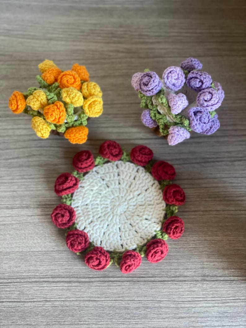Crochet Flower Coaster, Handmade Crochet Rose Coaster With Basket ...