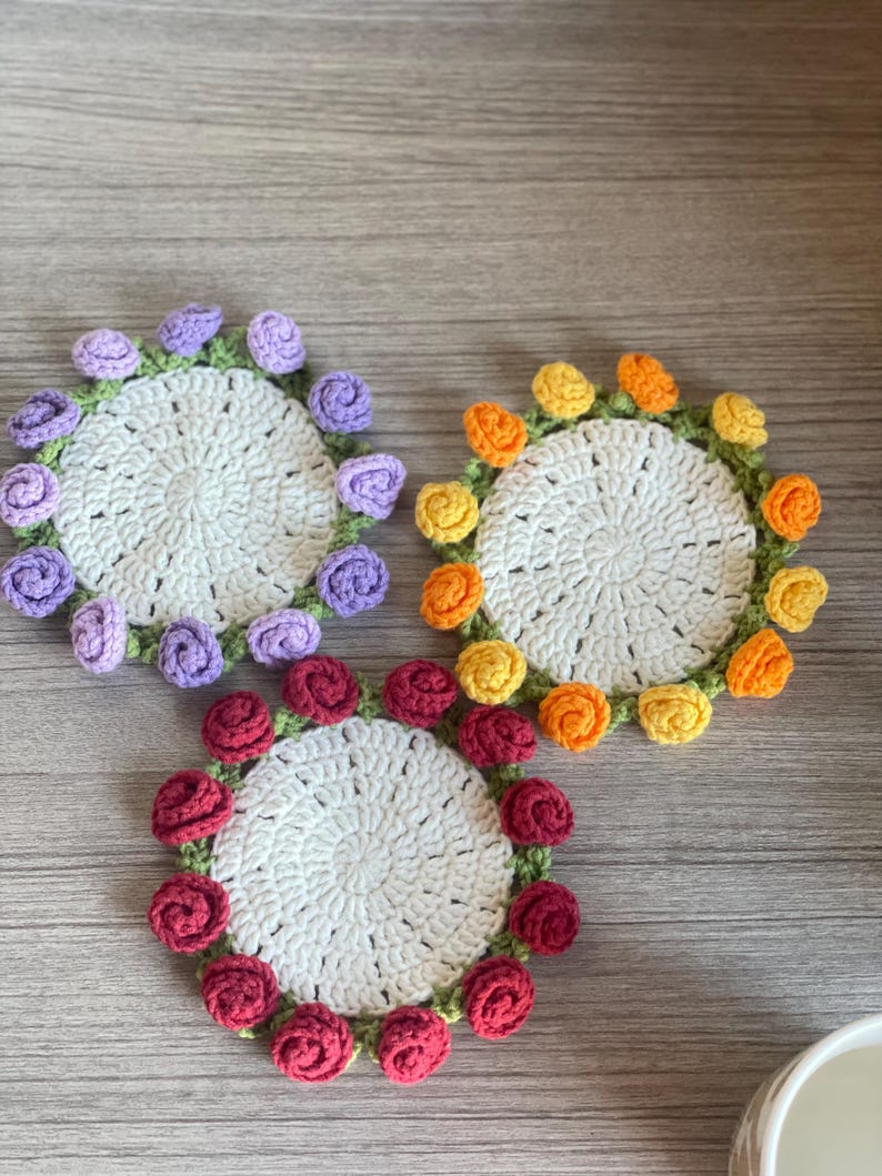 Crochet Flower Coaster, Handmade Crochet Rose Coaster With Basket ...