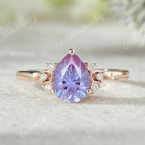 Nature Inspired Firework Cut Pear Cut Alexandrite Engagement Ring Rose ...