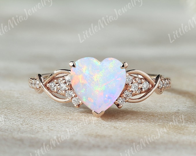 Unique Heart Shaped Natural Opal Engagement Ring Solid Gold Moissanite ...