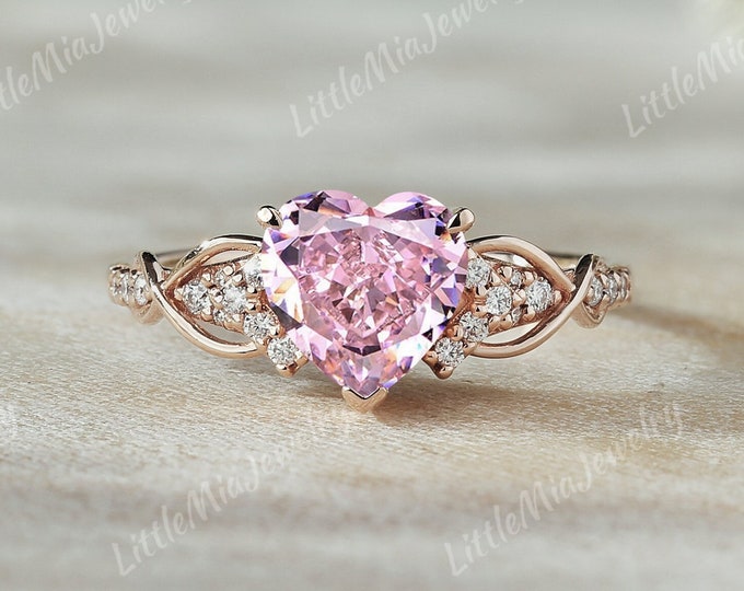 Unique Heart Shaped Pink Sapphire Engagement Ring Rose Gold Moissanite ...