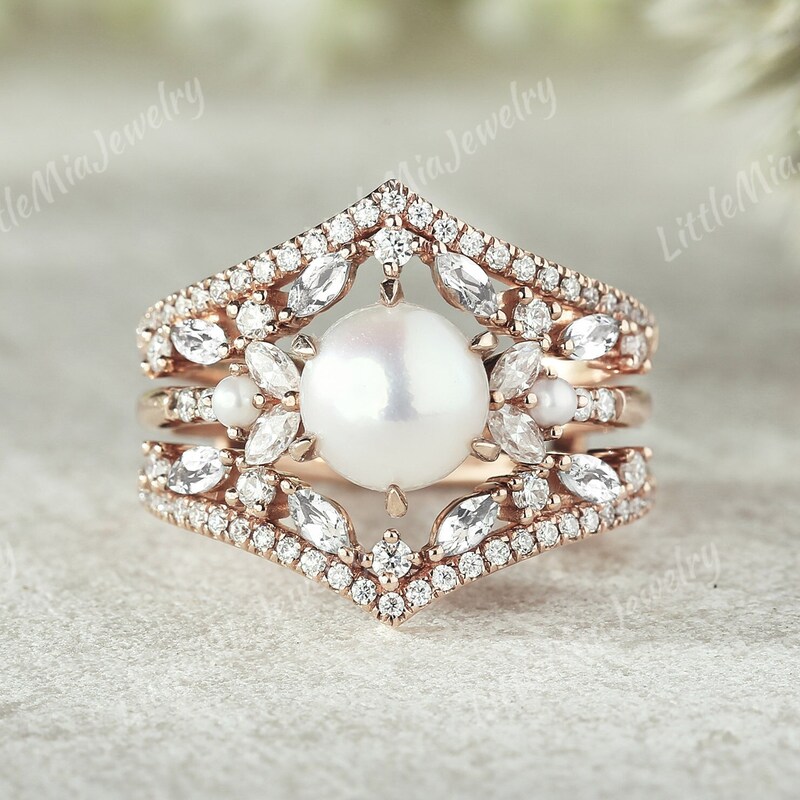 Pearl Engagement Ring Set - Etsy