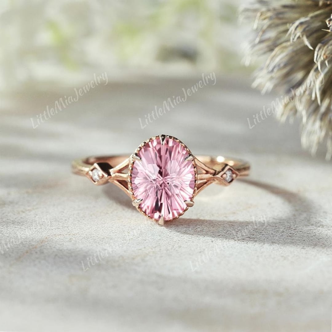 Firework Cut Pink Sapphire Engagement Ring Rose Gold Oval Cut Pink ...