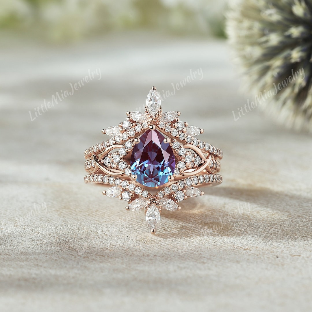 Alexandrite Engagement Ring Set Rose Gold Moissanite Ring Enhancer ...