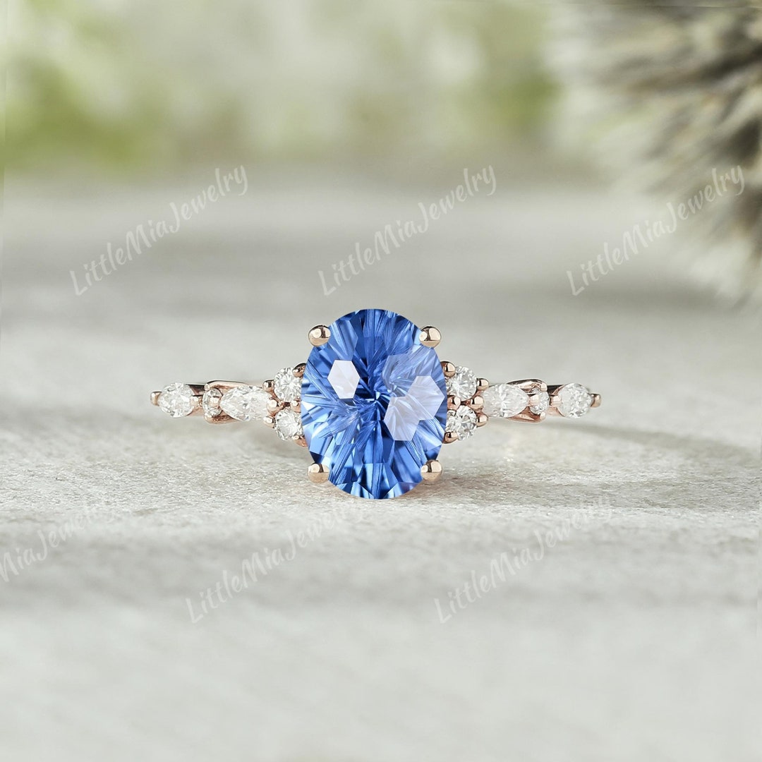 Firework Cut Sapphire Engagement Ring Rose Gold Moissanite Cluster ...
