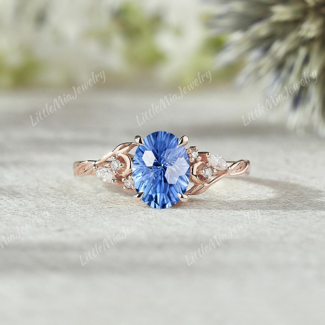 Firework Cut Sapphire Engagement Ring Rose Gold Leaf Moon Sapphire ...