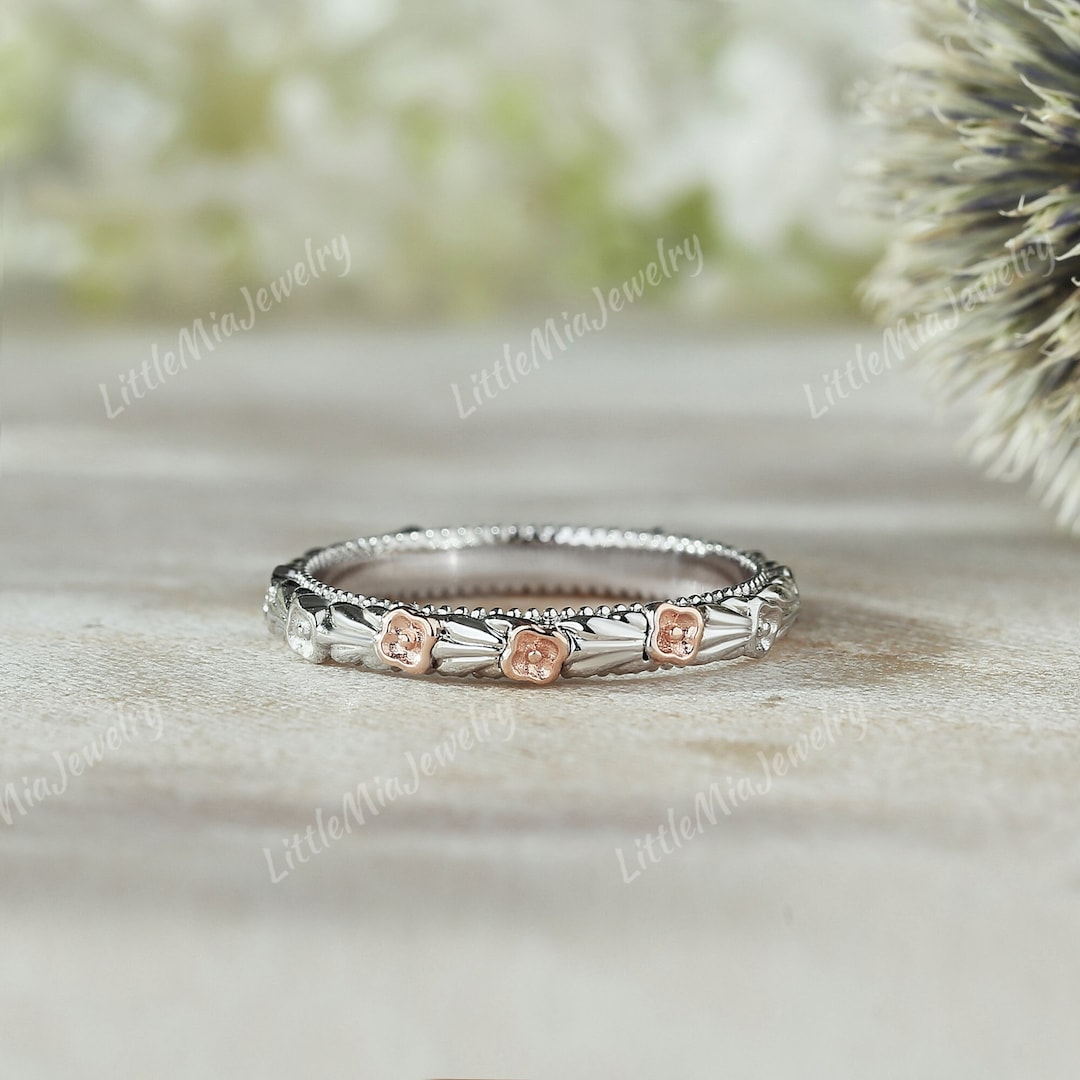 Unique Two Tone Ring White Gold Wedding Band Unique Leaf Floral Wedding ...