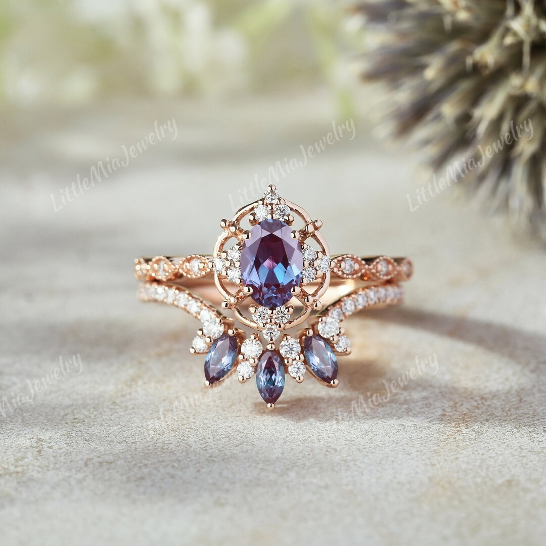 Art Deco Oval Alexandrite Wedding Ring Set Vintage Alexandrite ...