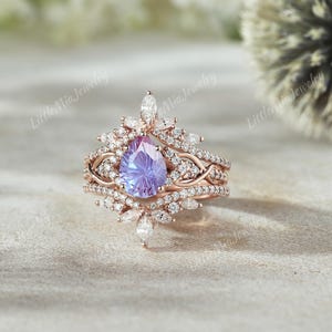 Firework Cut Alexandrite Engagement Ring Set Rose Gold Moissanite Ring ...
