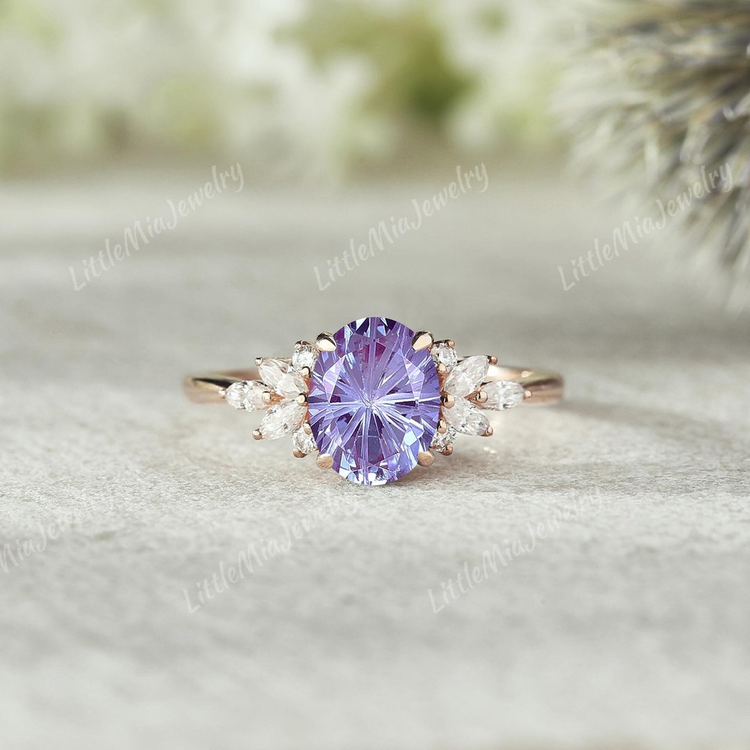 Oval Shape Firework Cut Alexandrite Engagement Ring Unique Alexandrite ...