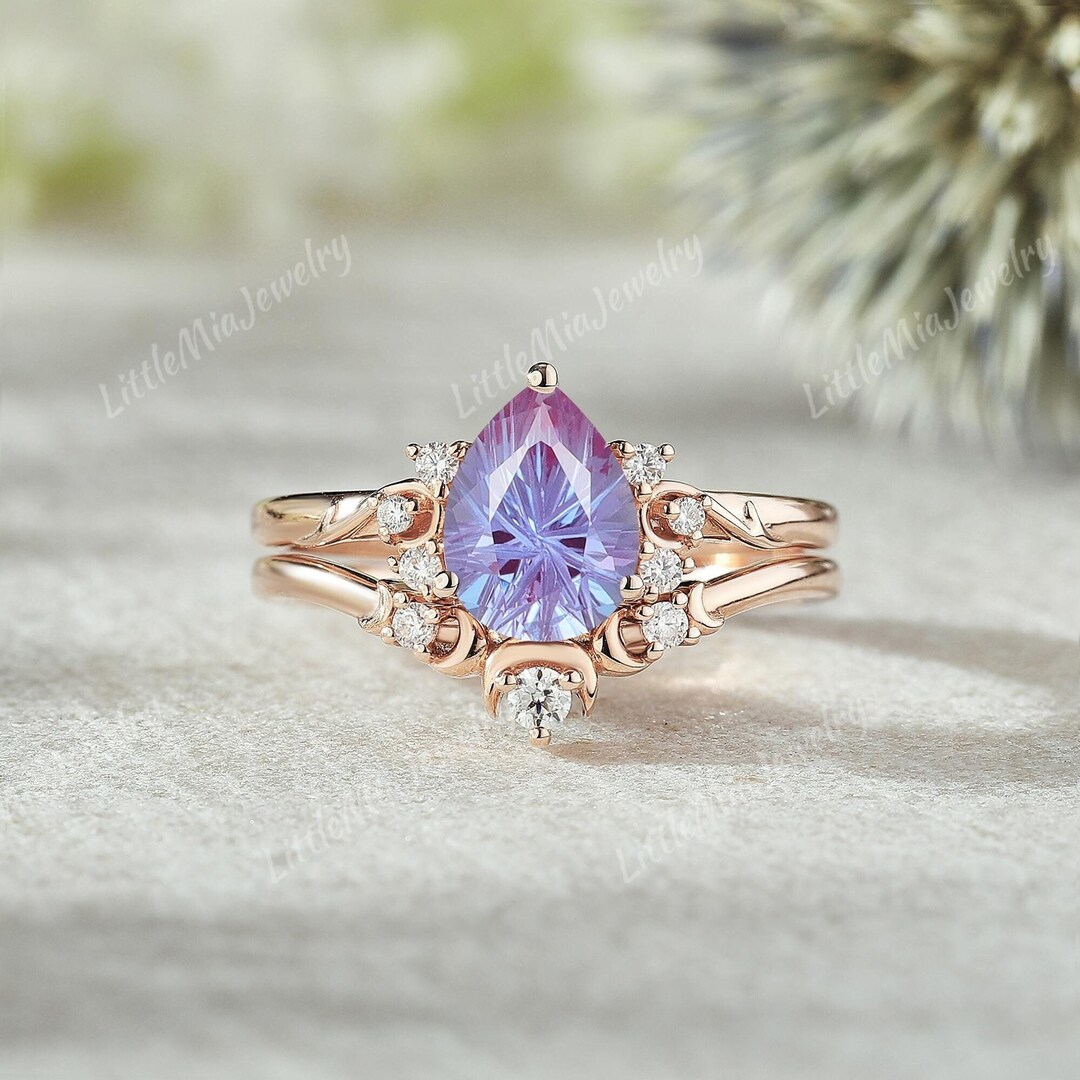 Nature Inspired Firework Cut Alexandrite Engagement Ring Set Rose Gold ...