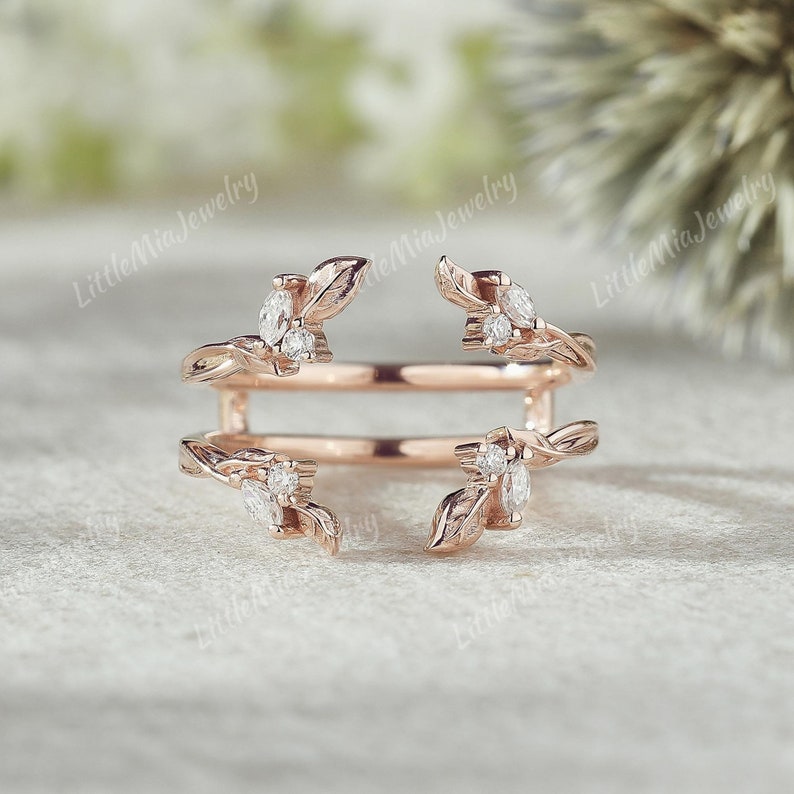Unique Open Moissanite Ring Enhancer Rose Gold Leaf Branch Double ...