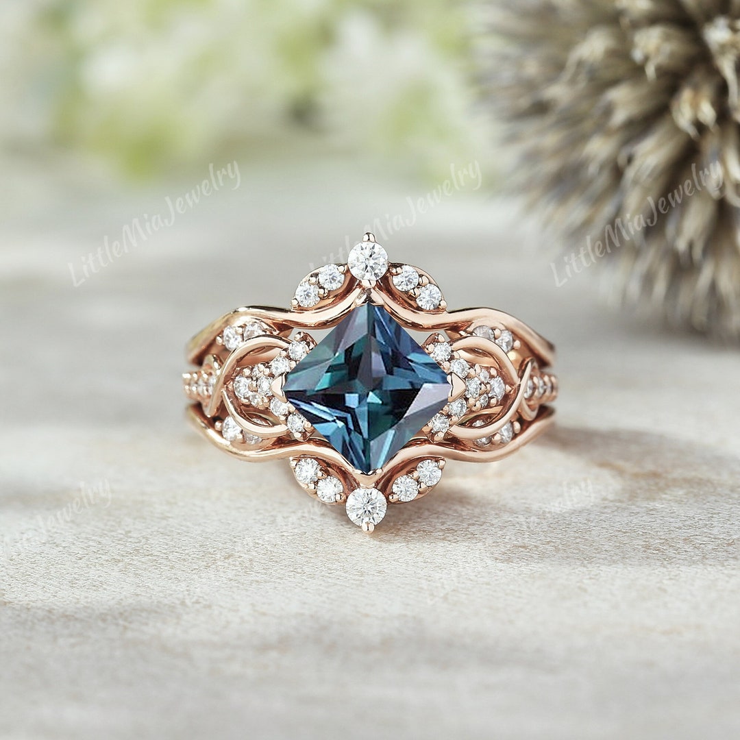 Princess Cut Alexandrite Engagement Ring Set Rose Gold Moissanite ...
