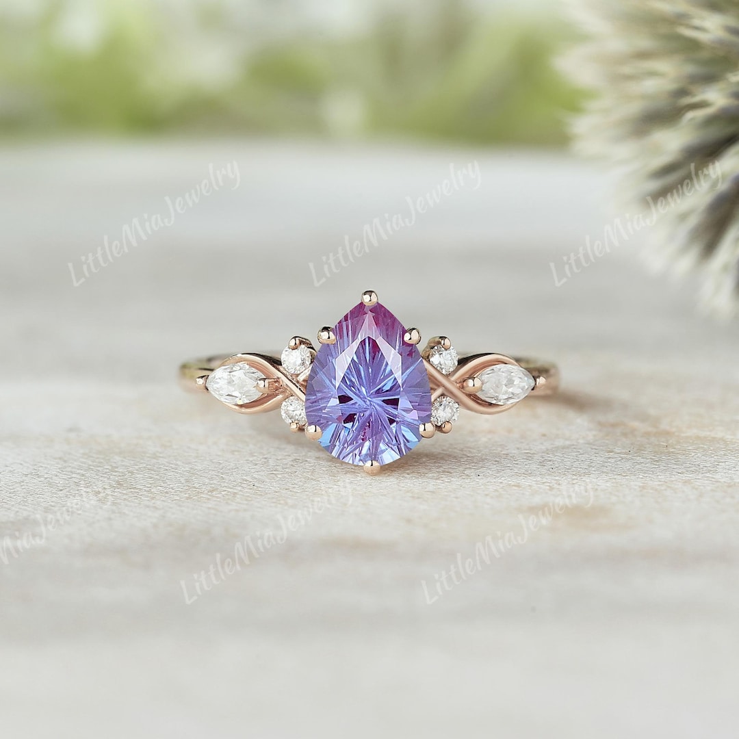 Firework Cut Pear Shape Alexandrite Engagement Ring Rose Gold ...