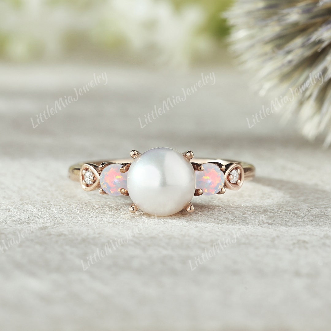 Vintage Akoya Pearl Engagement Ring Solid Gold Opal Cluster Wedding ...