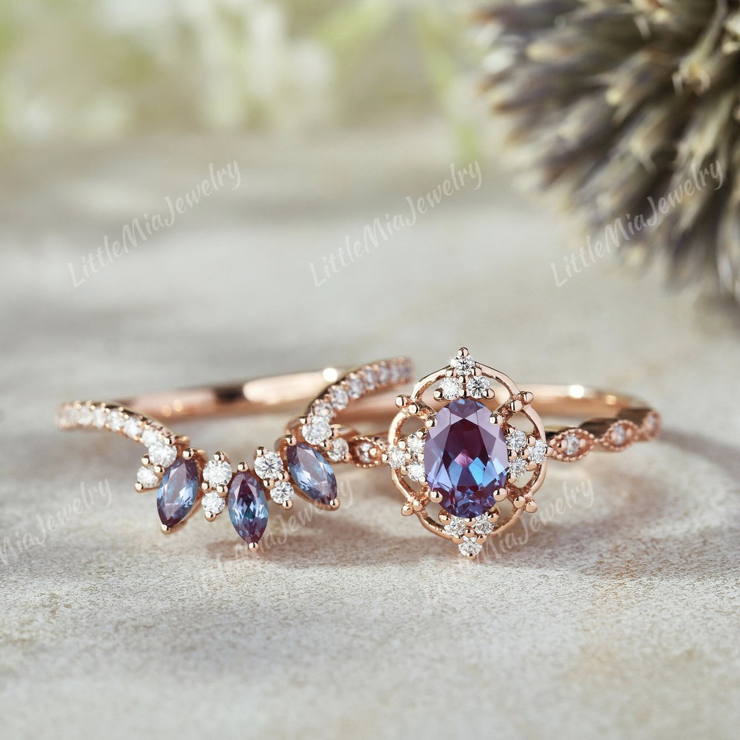 Art Deco Oval Alexandrite Wedding Ring Set Vintage Alexandrite - Etsy