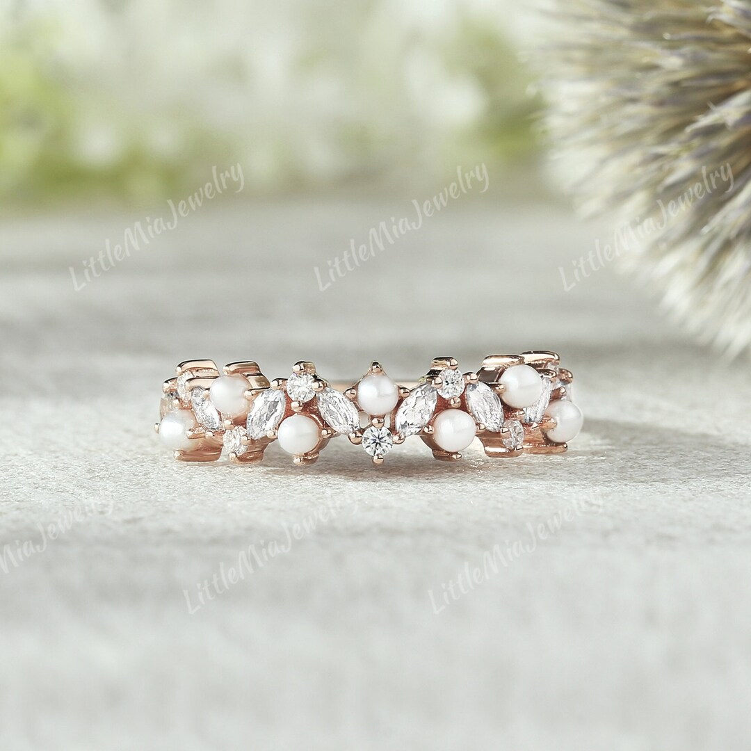 Unique Pearl Wedding Band Rose Gold Moissanite Wedding Ring Half ...