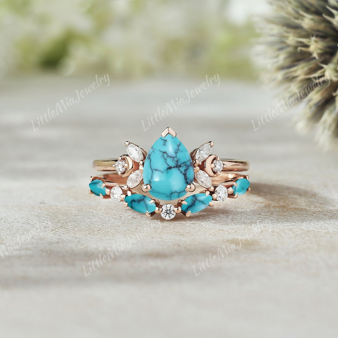 Unique Pear Cut Turquoise Engagement Ring Set Unique Rose Gold Marquise ...