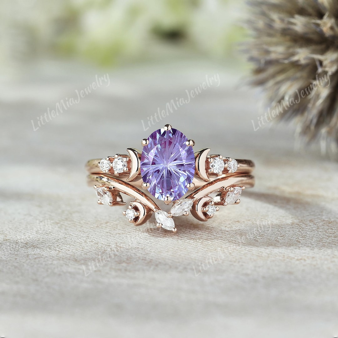 Firework Cut Alexandrite Engagement Ring Set Rose Gold Moon Design ...