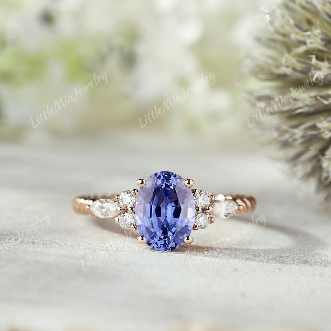 Oval Cornflower Sapphire Engagement Ring Art Deco Blue Sapphire Wedding Ring Marquise Moissanite ...