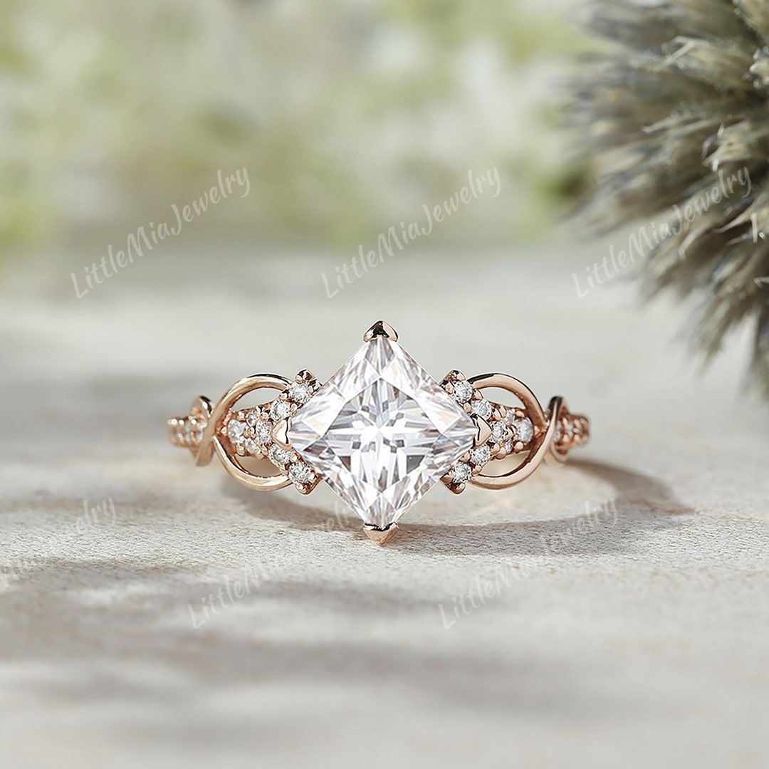 Unique Princess Cut Moissanite Engagement Ring Rose Gold Twist ...