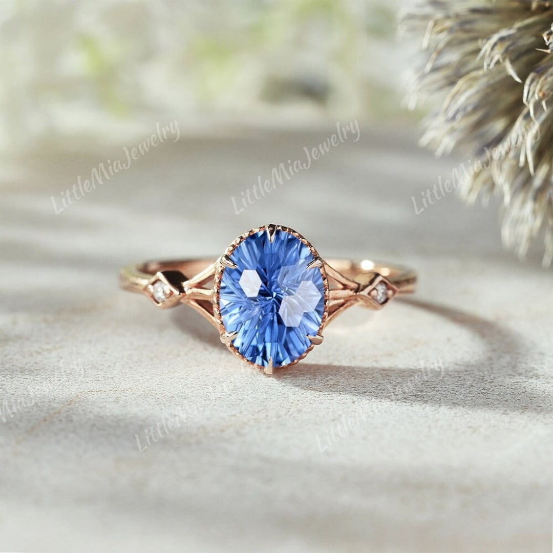 Firework Cut Sapphire Engagement Ring Rose Gold Oval Cut Sapphire ...