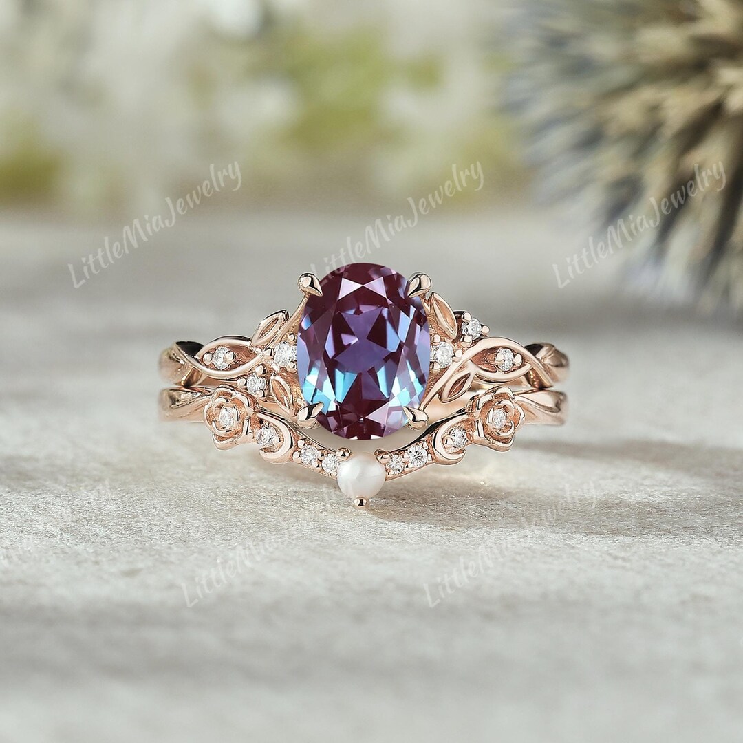 Nature Inspired Leaf Alexandrite Ring Set Oval Cut Alexandrite ...