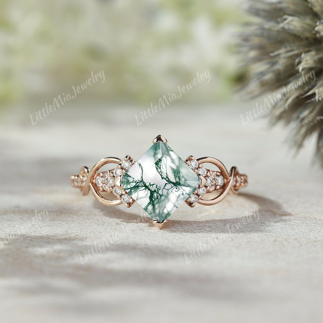 Princess Cut Moss Agate Engagement Ring Natural Moss Agate Wedding Ring ...