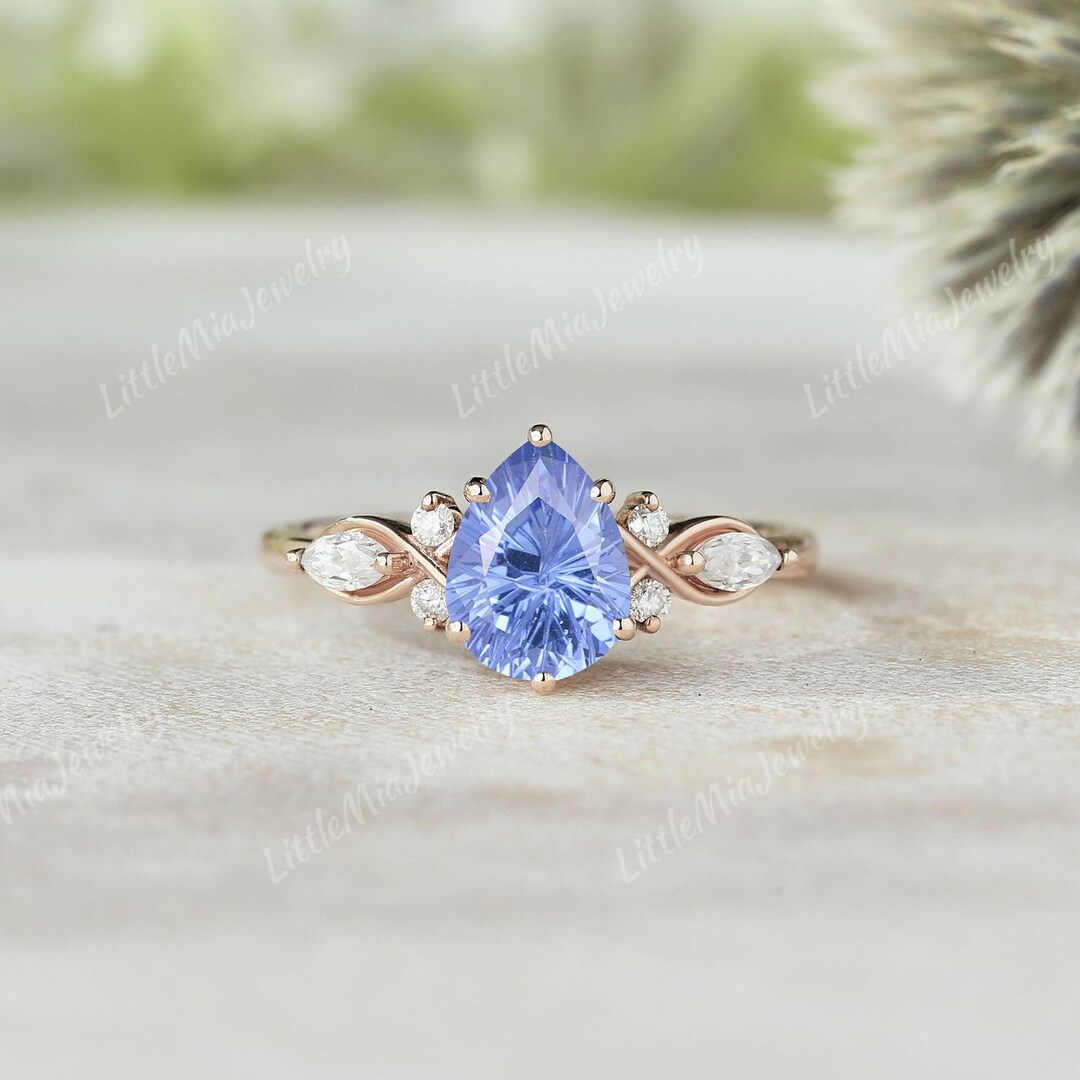 Firework Cut Blue Sapphire Engagement Ring Rose Gold Moissanite Cluster ...