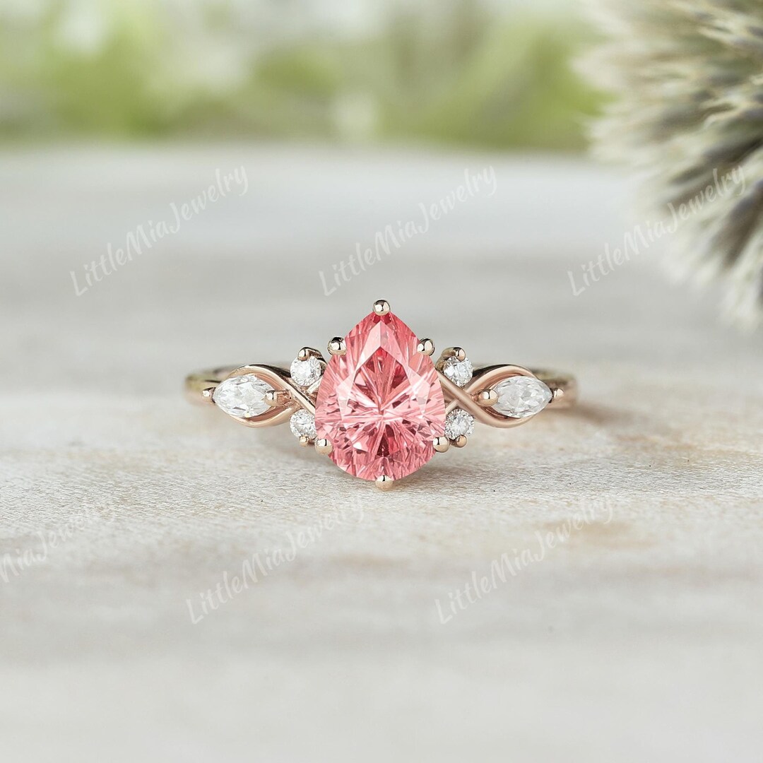 Firework Cut Pink Sapphire Engagement Ring Rose Gold Moissanite Cluster ...