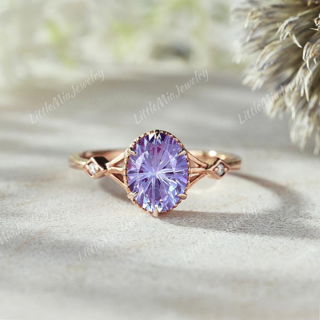 Firework Cut Oval Cut Alexandrite Engagement Ring Rose Gold Moissanite ...
