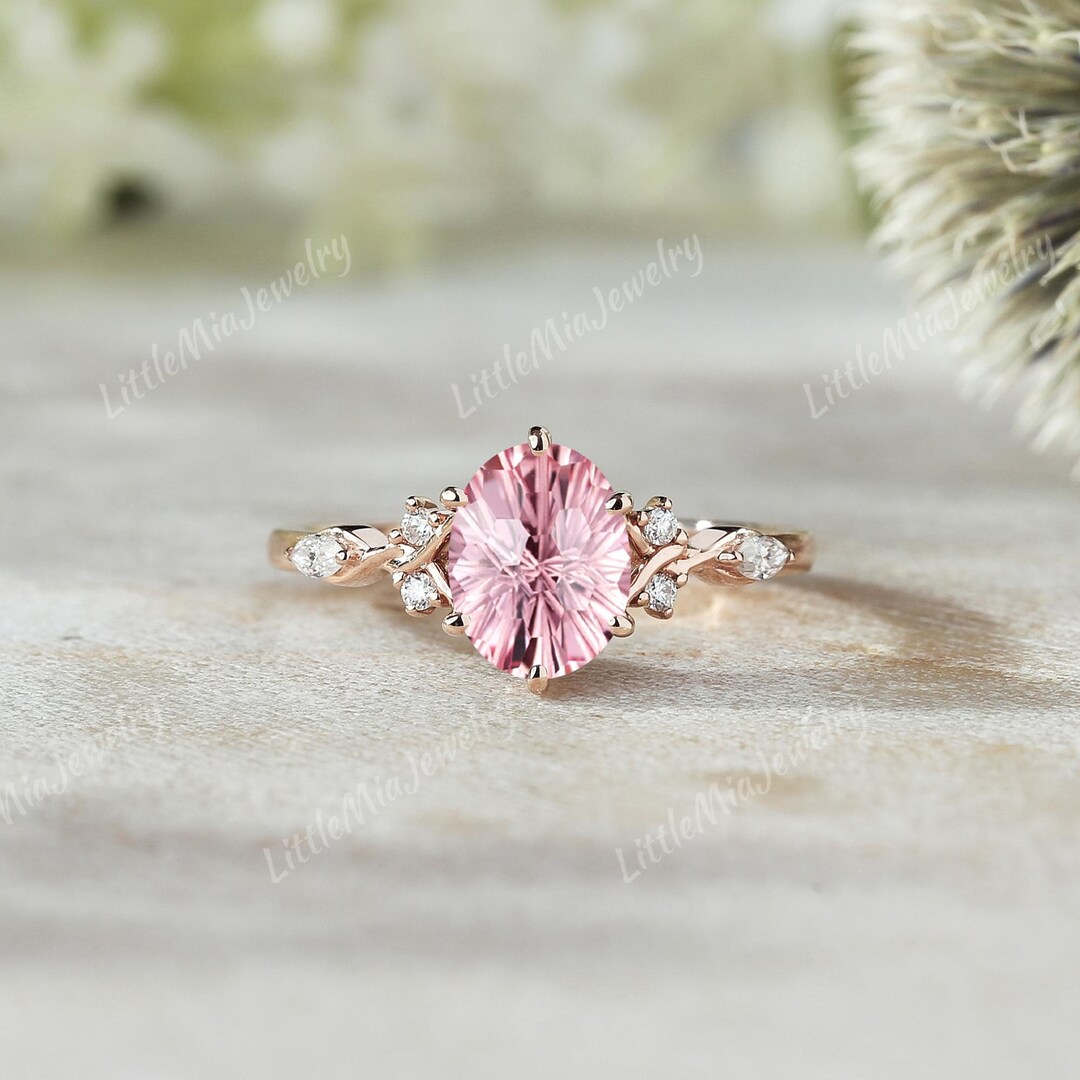 Firework Cut Pink Sapphire Engagement Ring Rose Gold Moissanite Cluster ...