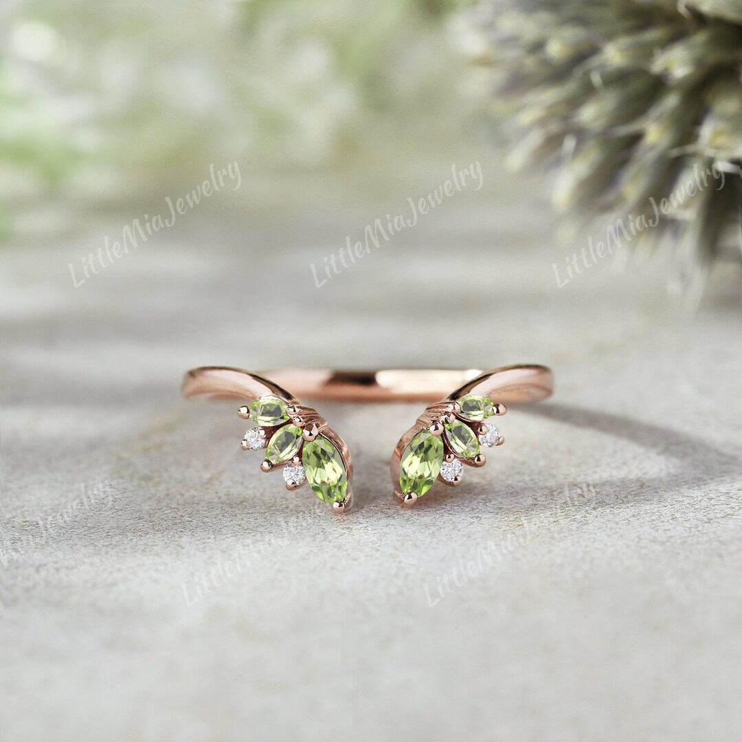 Unique Marquise Peridot Wedding Band Rose Gold Open Moissanite Curved ...