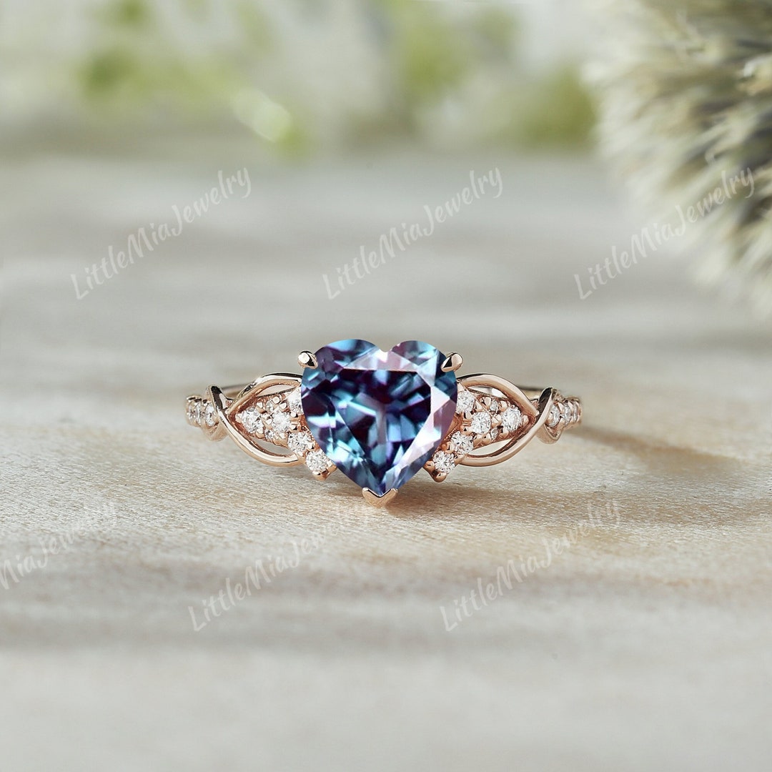 Heart Shaped Alexandrite Engagement Ring Rose Gold Moissanite Cluster ...