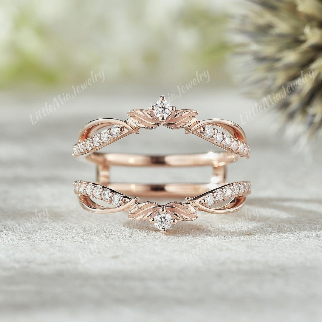 Nature Inspired Curved Wedding Band Rose Gold Leaf Moissanite Enhancer Ring Unique Stackable ...