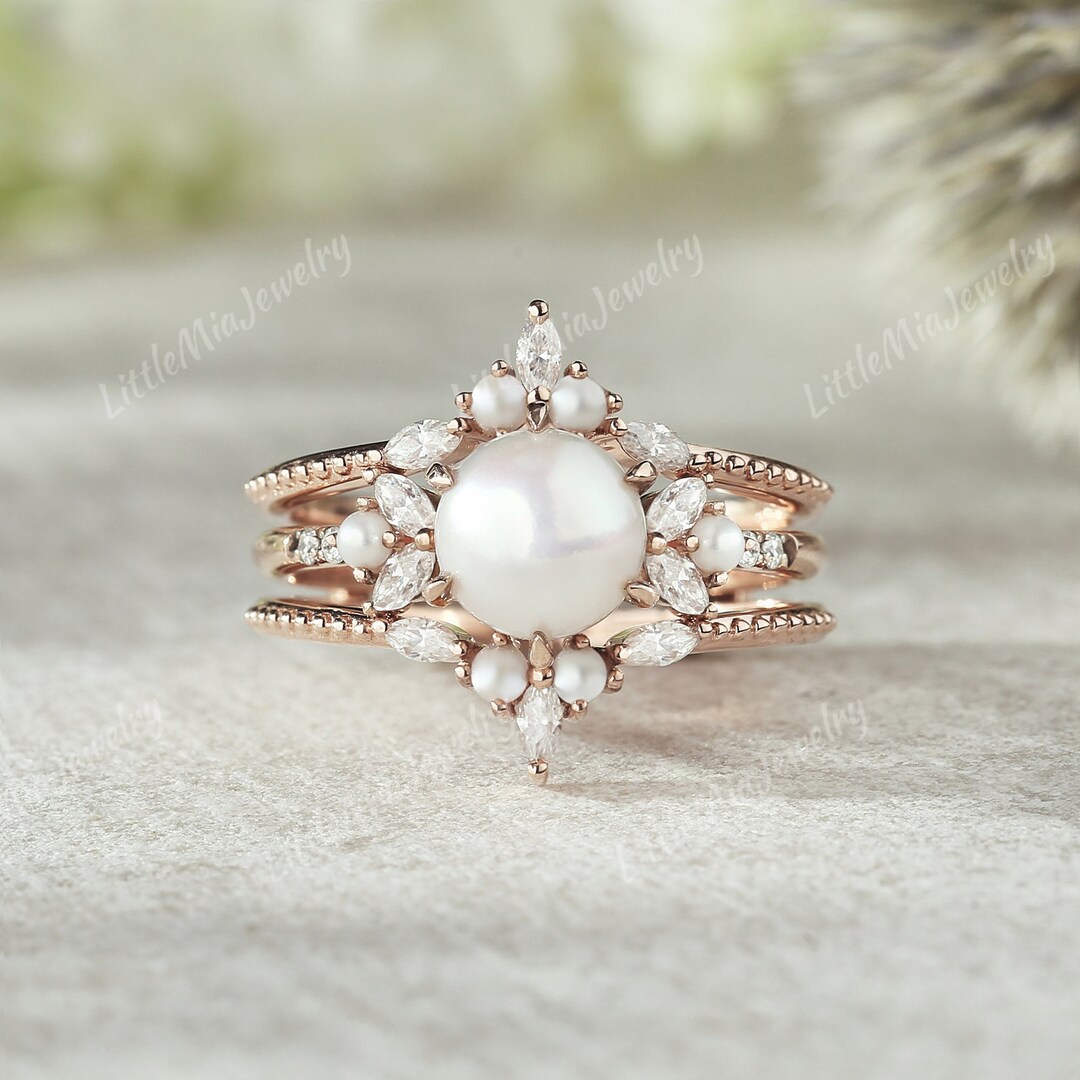 Unique Akoya Pearl Engagement Ring Set Solid Gold Moissanite Ring ...