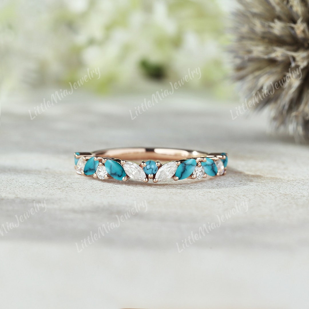 Unique Marquise Turquoise Wedding Band Solid Gold Moissanite Wedding ...